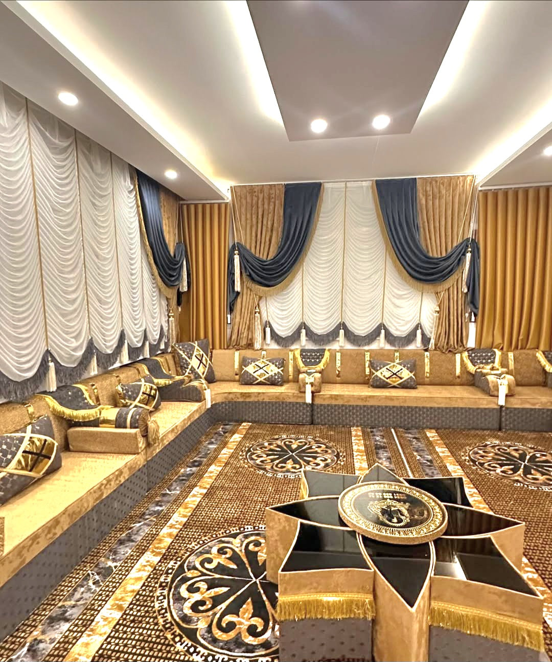 Wooden Bench Majlis, Turkish Carpet, Arabic Majlis, Moroccan Living Ro