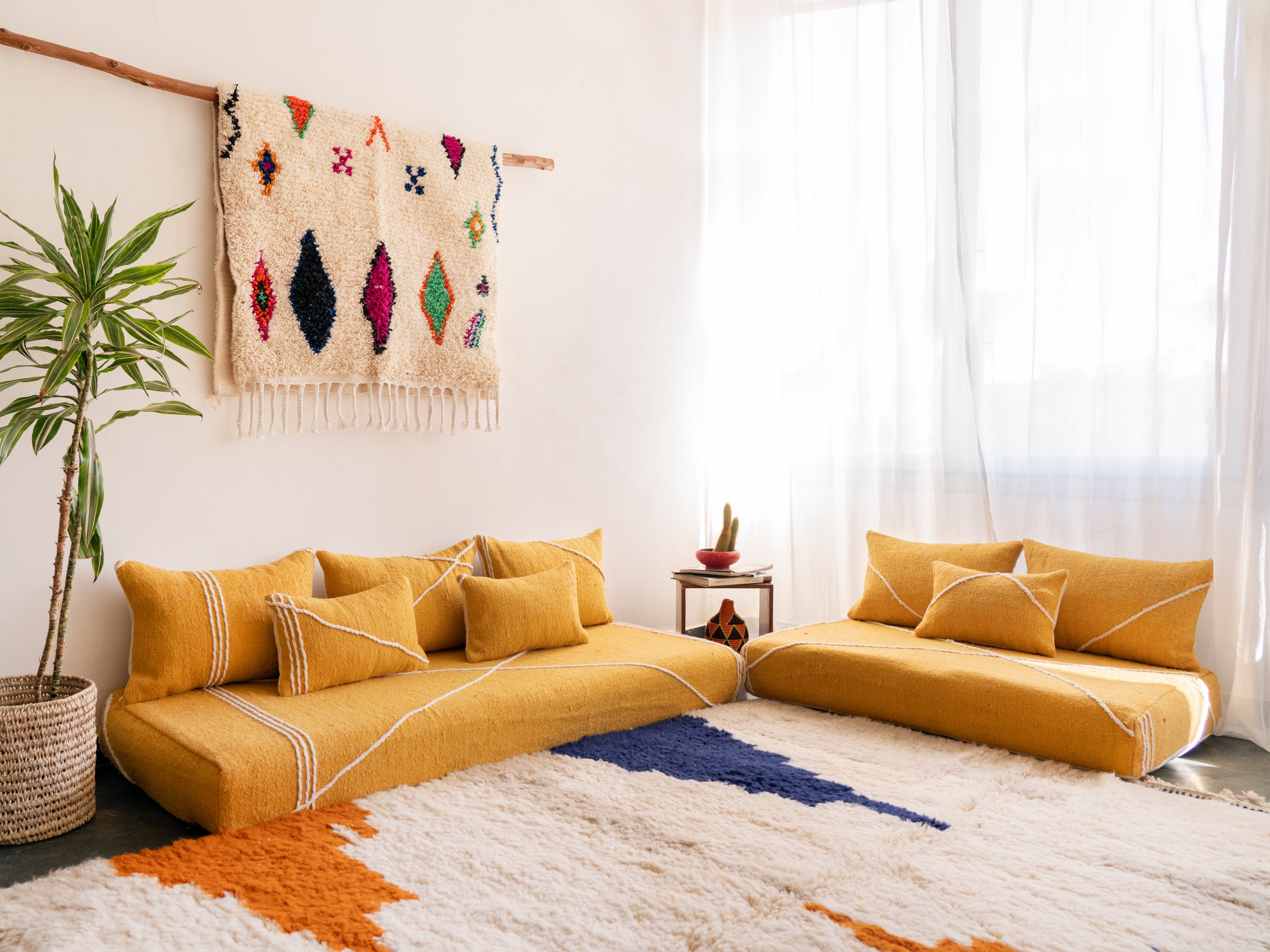 Yellow Moroccan Style Floor Couches, Loveseat Sofa, Boho Sofa, Modular