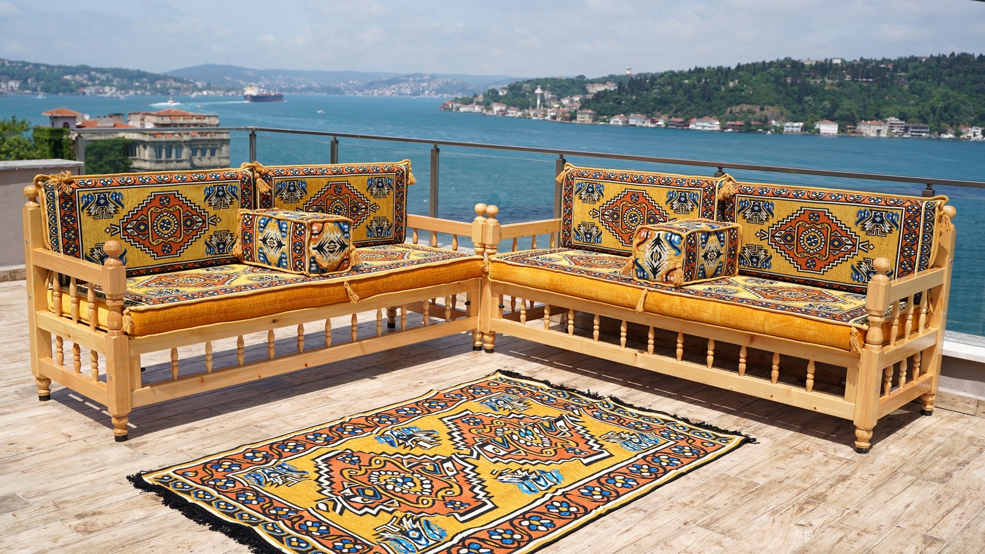 Yellow Corner Patio Benches, Arabic Wooden Bench Sofa Sets, Outdoor Fu