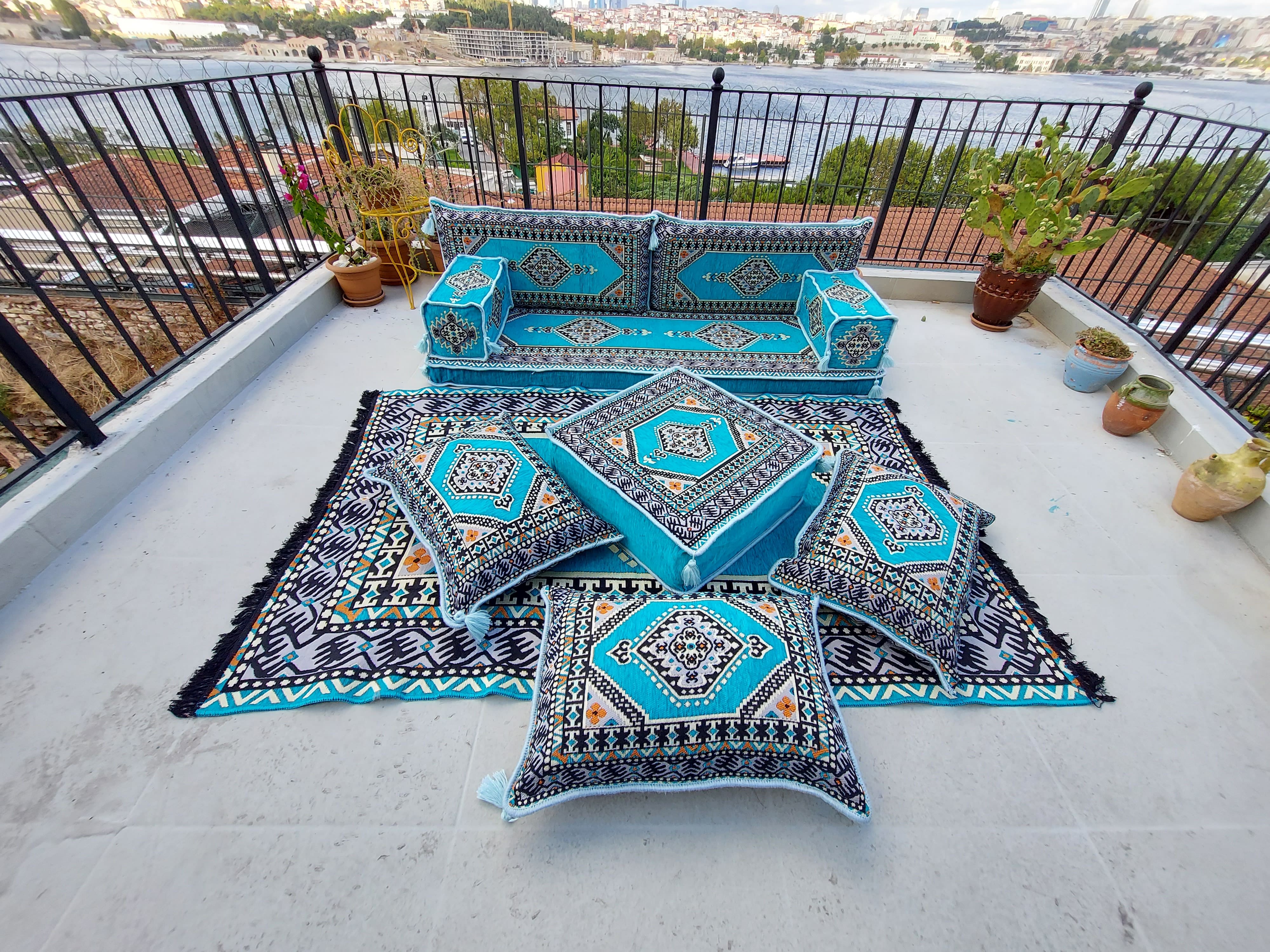 Light Blue Turkish Floor Sofa Set, Floor Cushions, Traditional Floor C