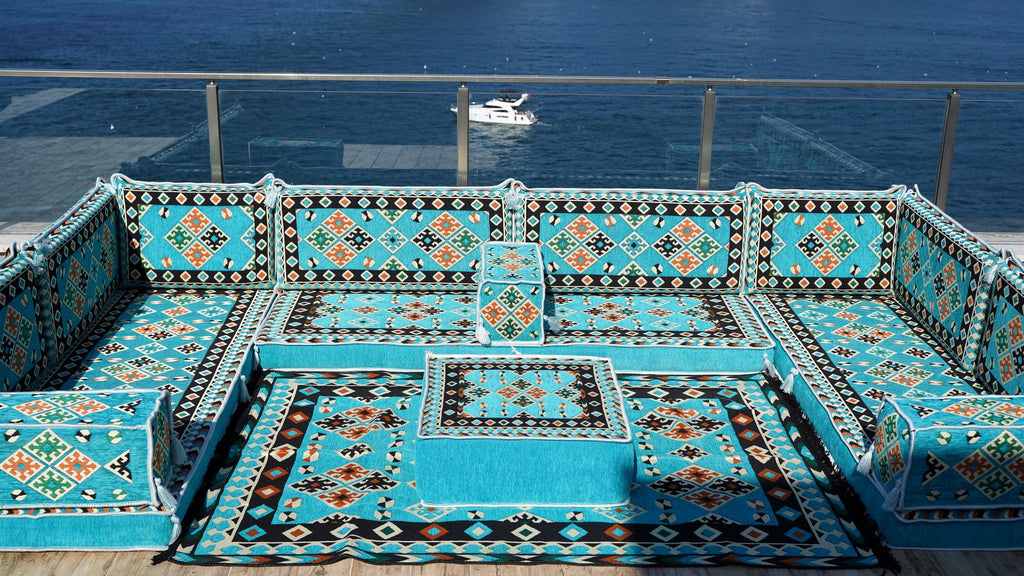 Turquoise Floor Cushions, Arabic Majlis, U Shaped Arabic Sofa Set,Trad