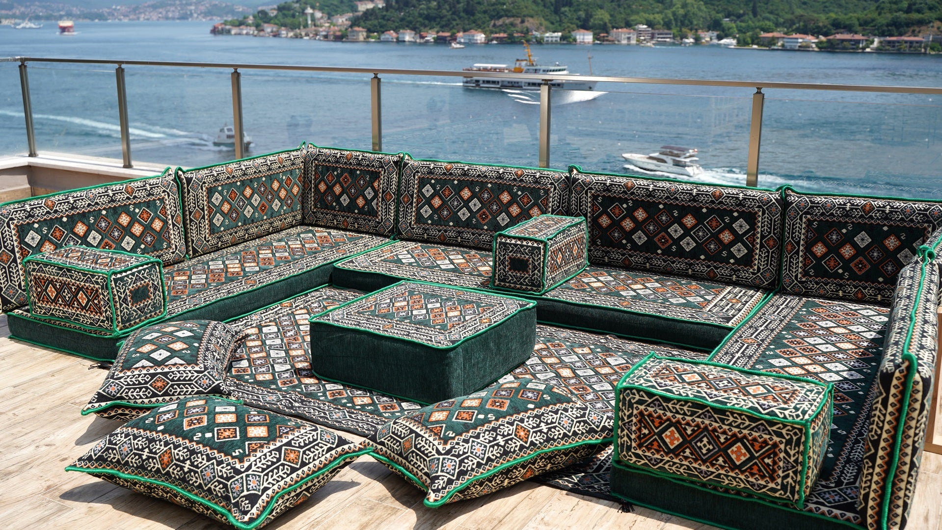Green Color U Shaped Arabic Seating, Oriental Floor Couches, Arabic Ma ...