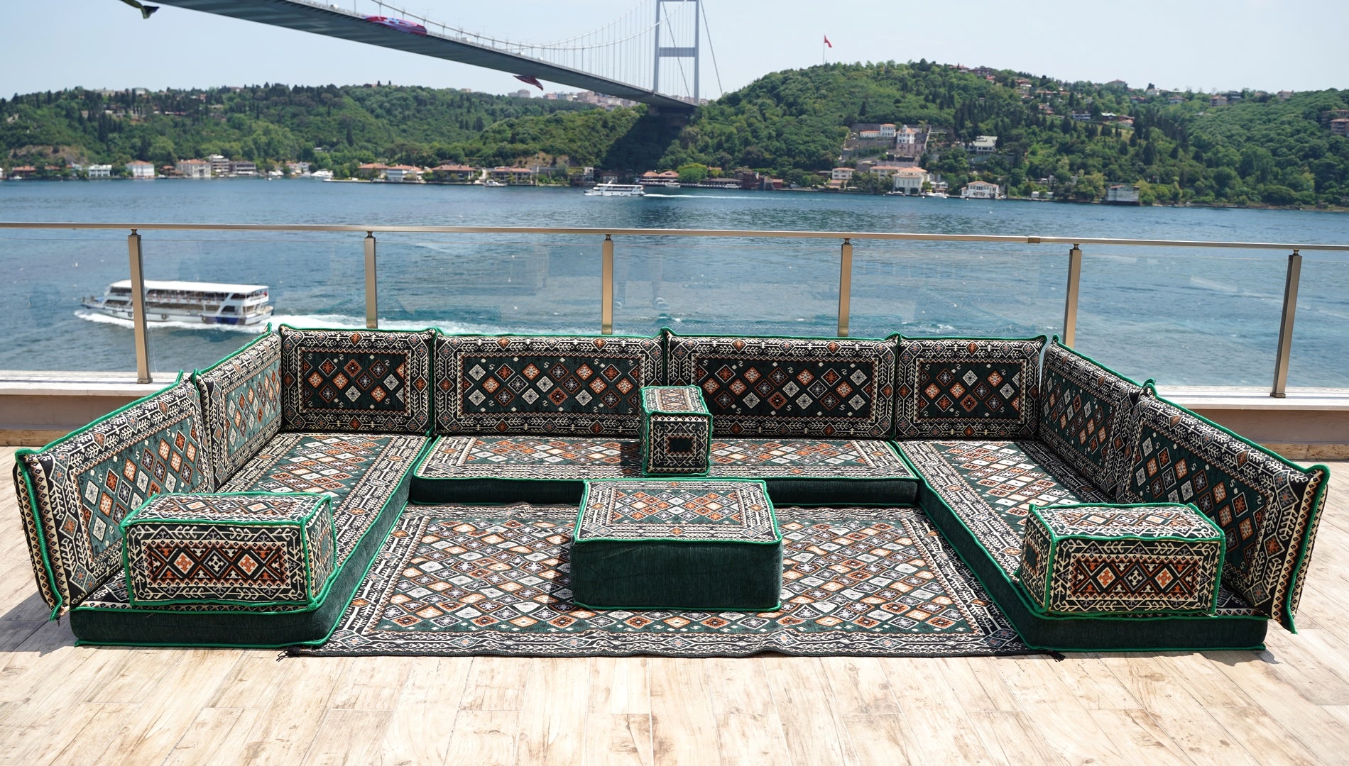 Green Color U Shaped Arabic Seating, Oriental Floor Couches, Arabic Ma ...