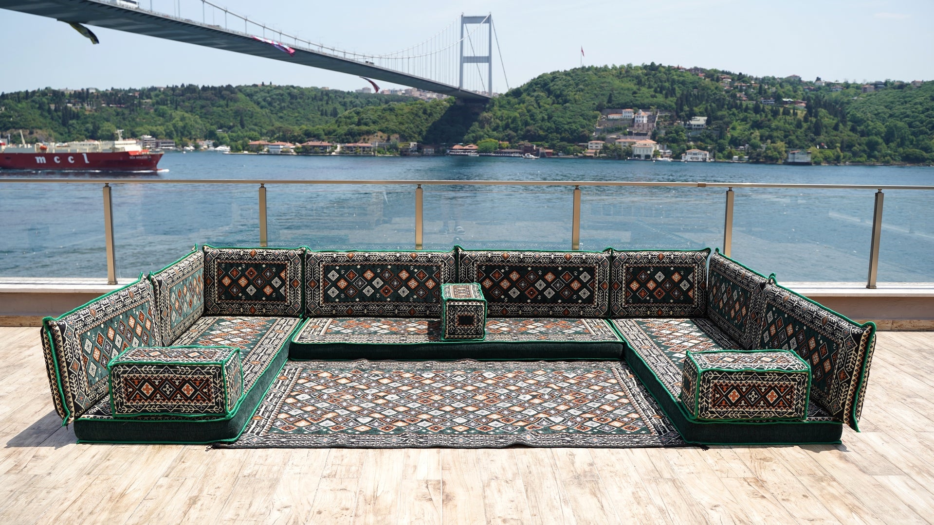 Green Color U Shaped Arabic Seating, Oriental Floor Couches, Arabic Ma ...