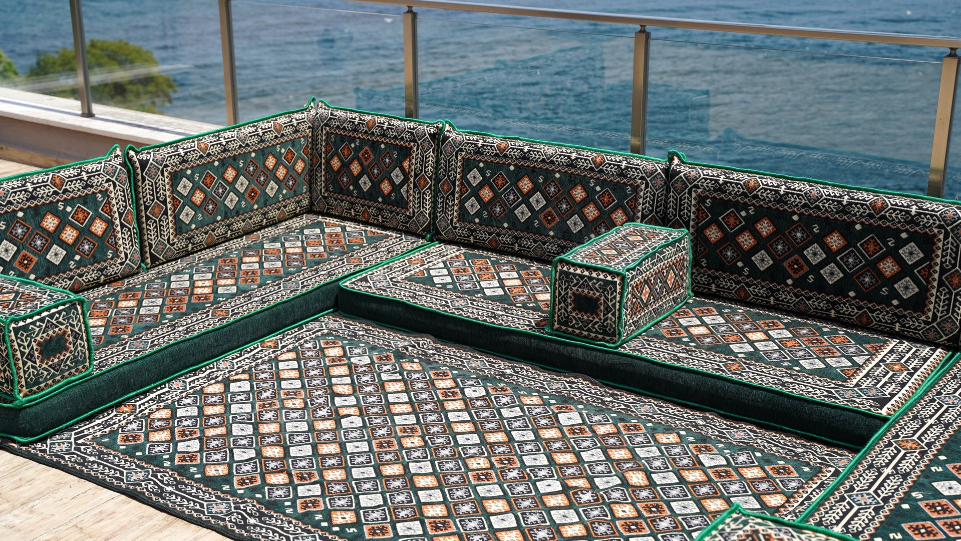 Green Color U Shaped Arabic Seating, Oriental Floor Couches, Arabic Ma ...