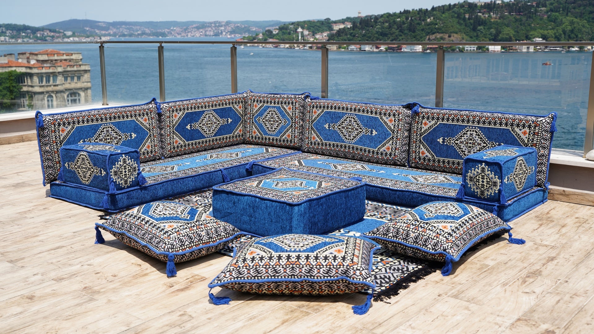 Royal Blue L Shaped Arabic Sofa Set, Floor Sofa Seating Set, Oriental