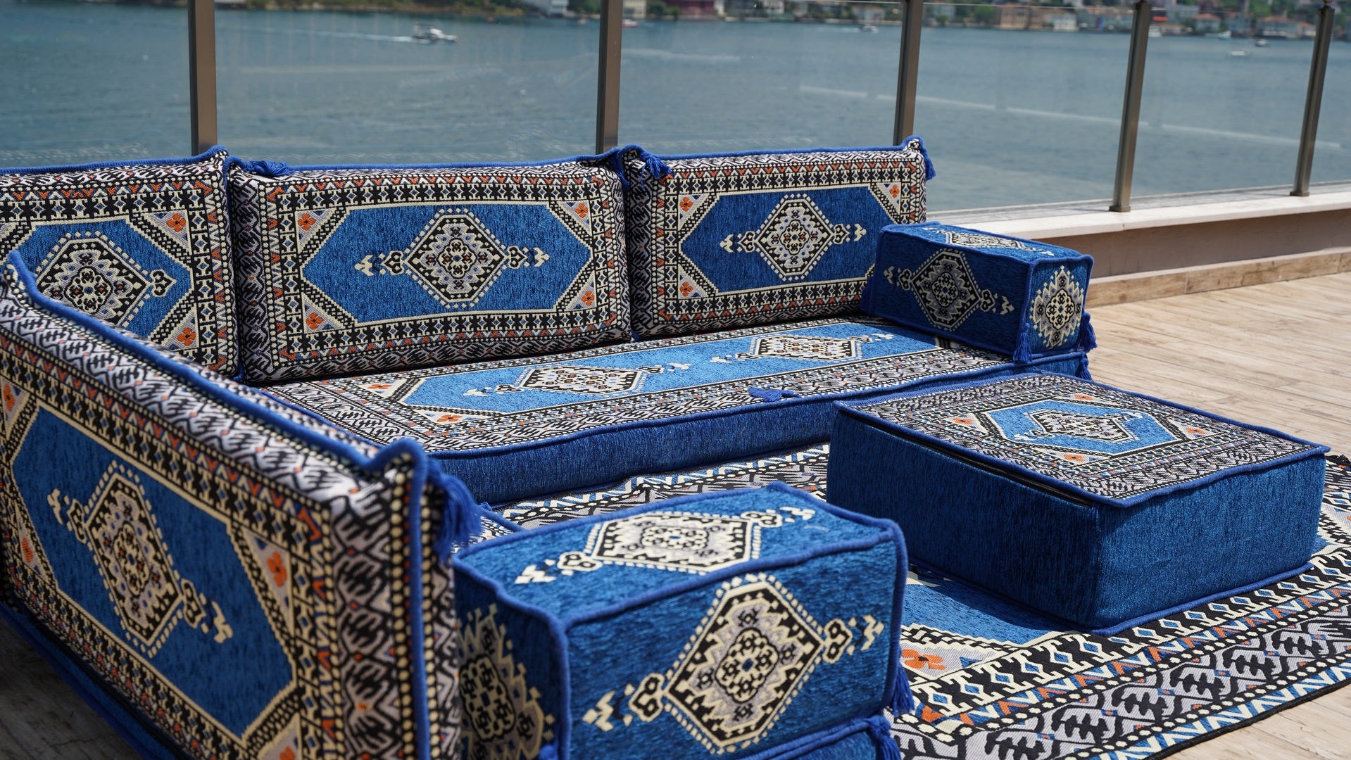Royal Blue L Shaped Arabic Sofa Set, Floor Sofa Seating Set, Oriental