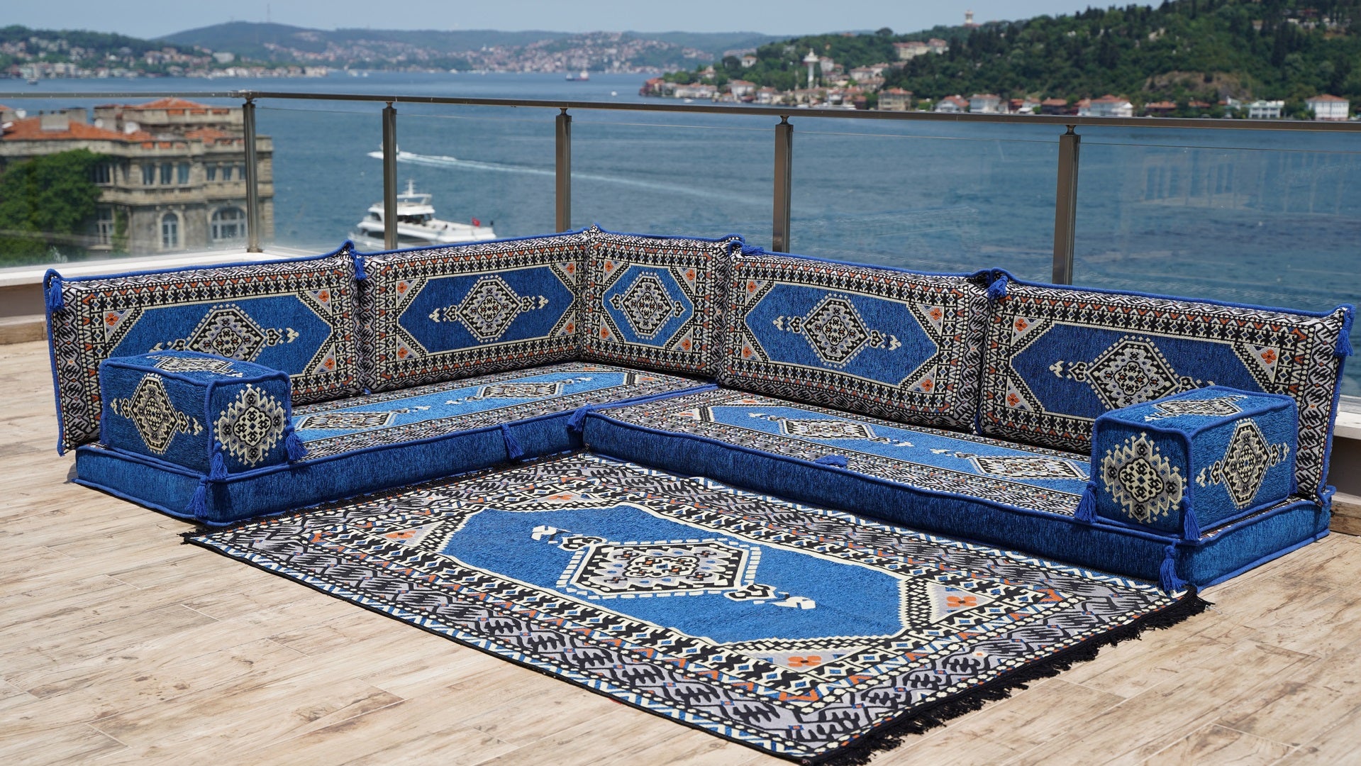 Royal Blue L Shaped Arabic Sofa Set, Floor Sofa Seating Set, Oriental