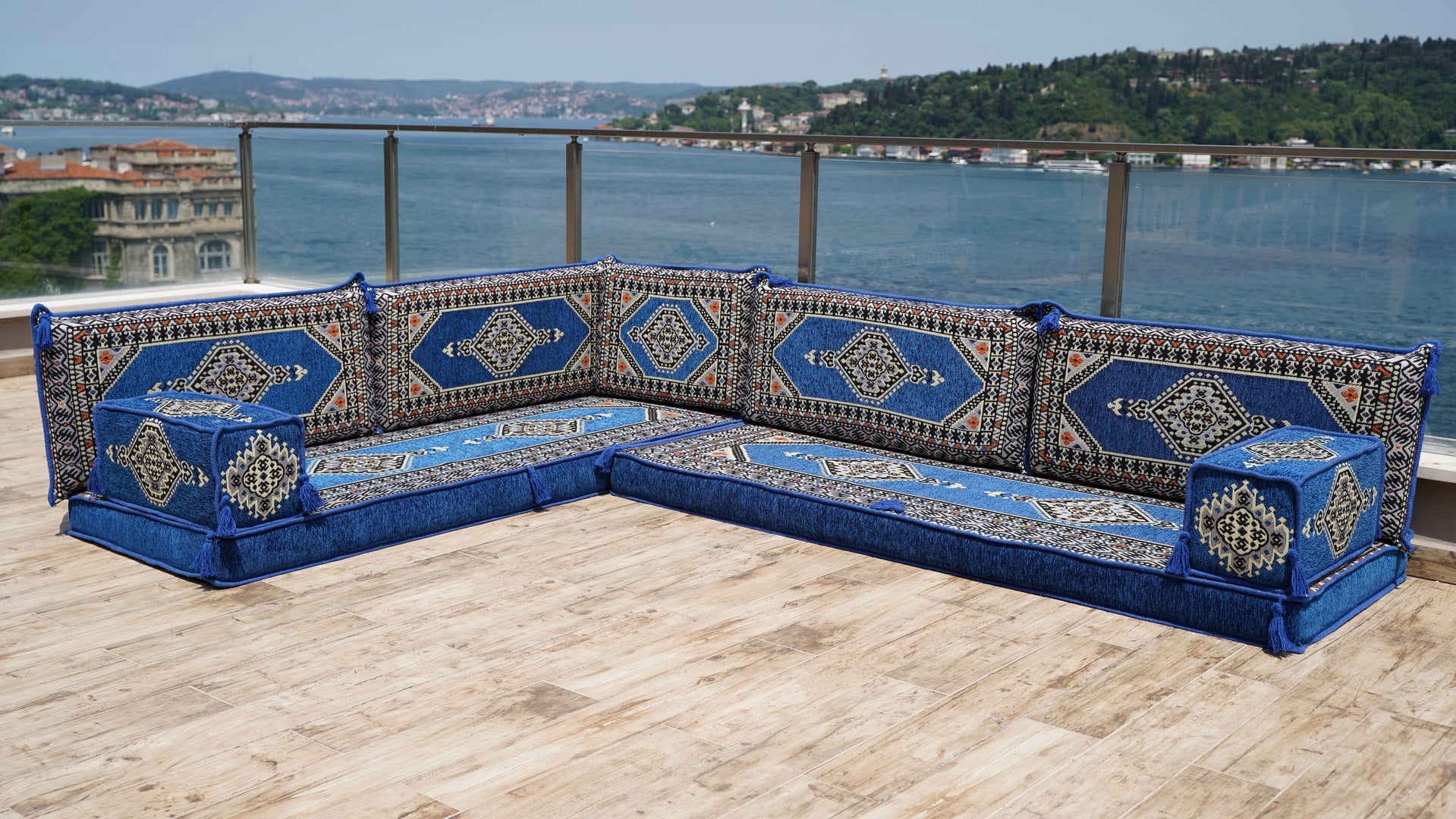 Royal Blue L Shaped Arabic Sofa Set, Floor Sofa Seating Set, Oriental