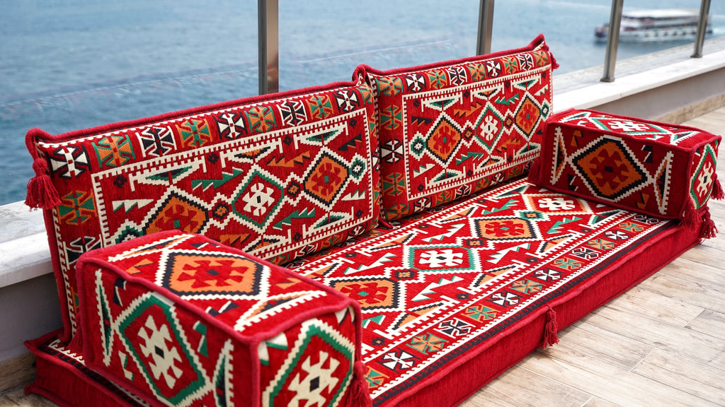Red Single Corner Sofa Seating Set, Arabic Sofa Set, Oriental Floor Se