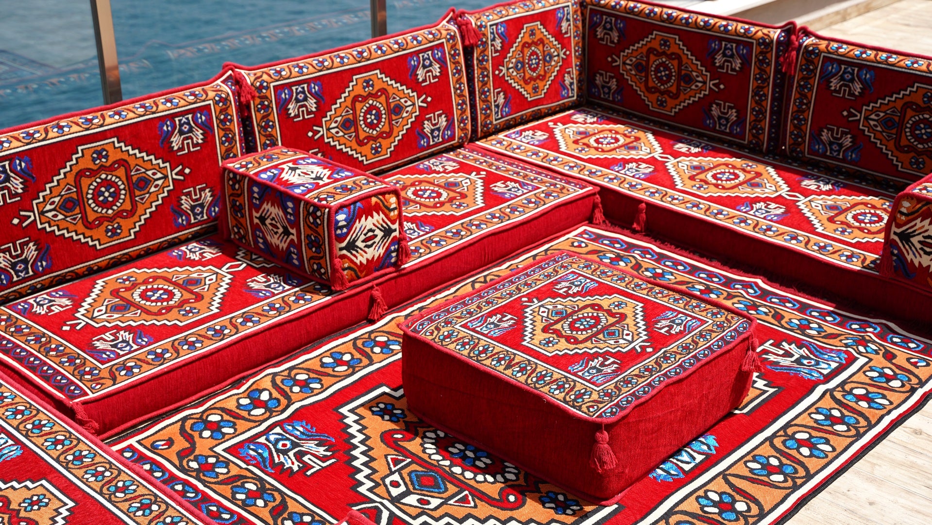 U Shaped Red Floor Cushions, Arabic Majlis Set, Floor Sofa Set, Pallet ...