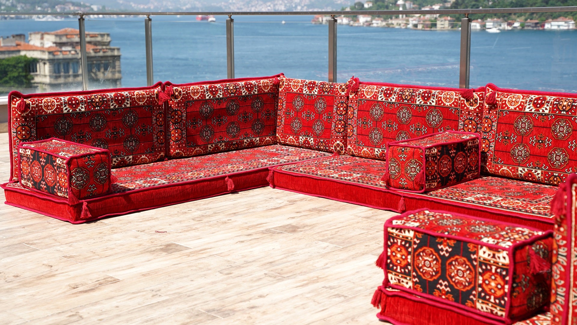 U Shaped Red Arabic Floor Sofa Set, Floor Cushions, Balcony Patio Sofa – Arabic Sofa