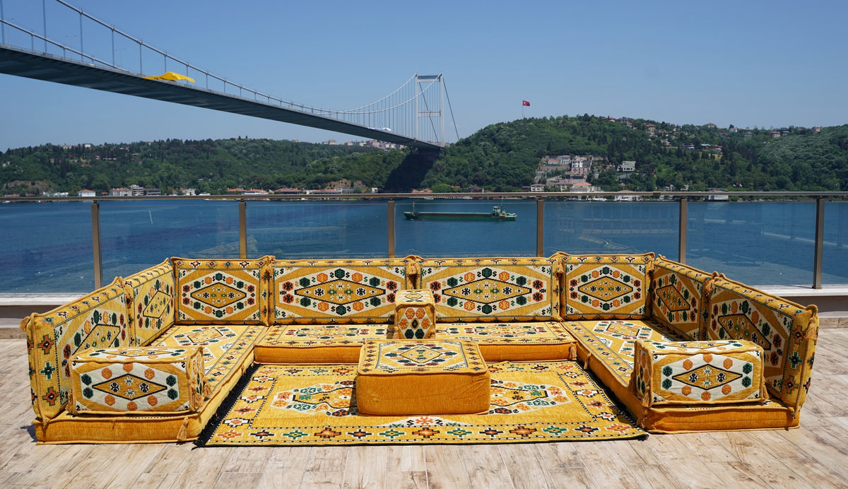 Yellow Color U Shaped Arabic Sofa Set, Arabic Majlis, Turkish Floor Se