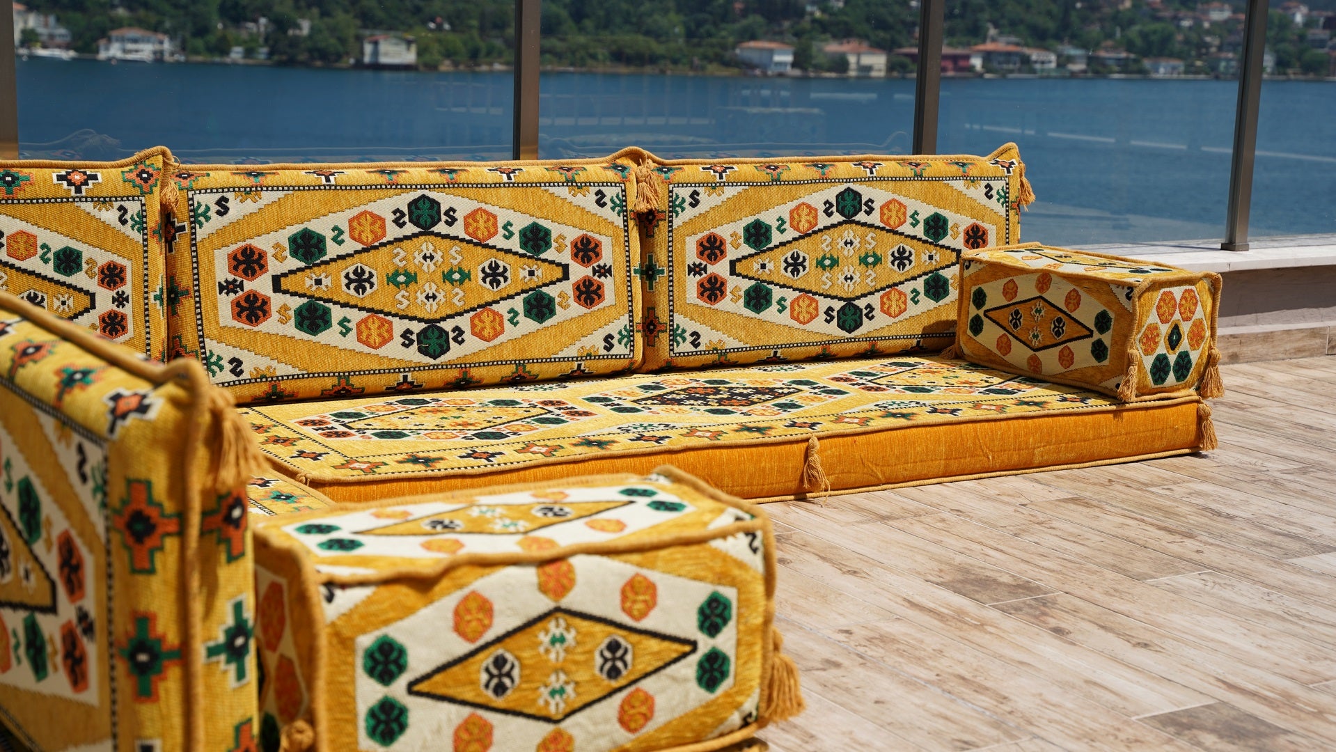 Yellow L Shaped Arabic Seating, Handmade Floor Couches, Sectional Sofa ...
