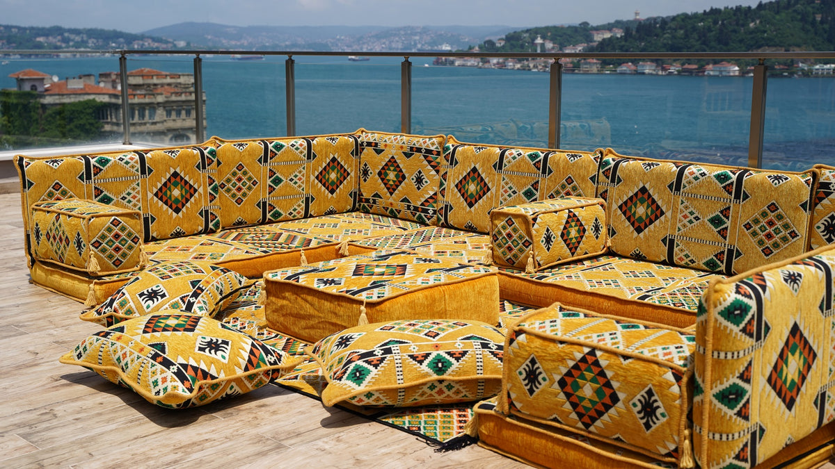 Yellow U Shaped Arabic Sofa Set, Arabic Majlis, Living Room Furniture,