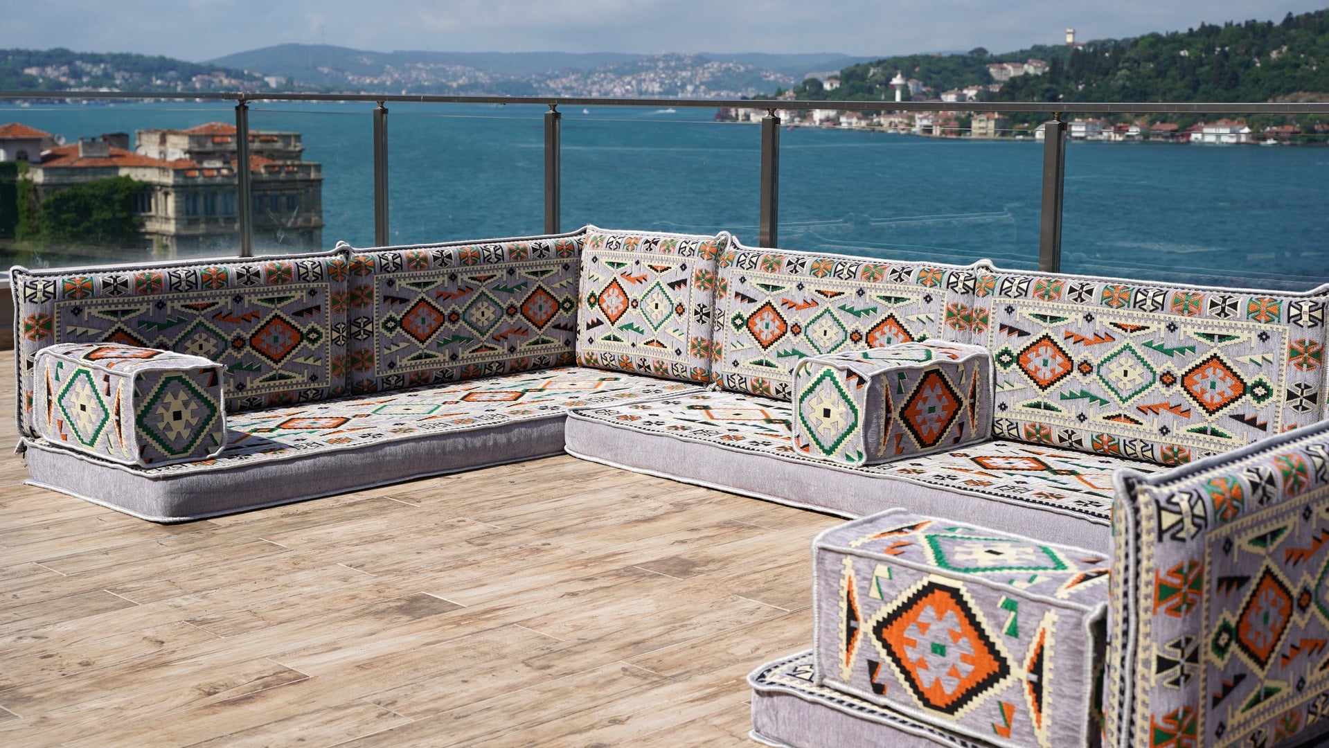 U Shaped Arabic Floor Sofa Set, Gray Floor Cushions, Balcony Patio Sof ...
