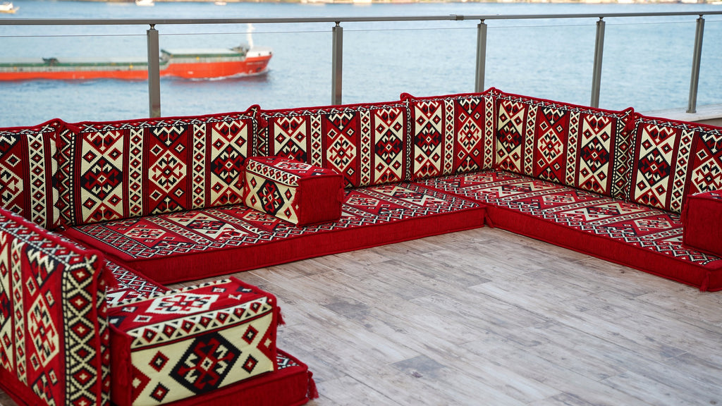 U Shaped Maroon Arabic Sofa Set, Arabic Majlis Set, Floor Cushions, Tr