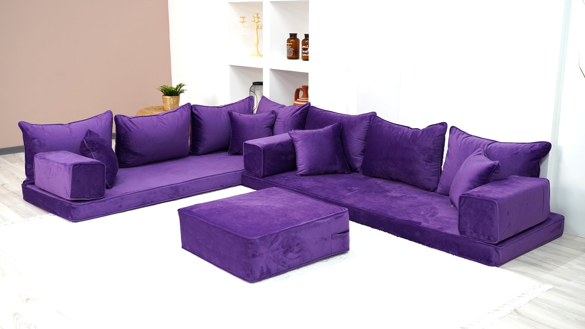 4" Thickness Velvet Purple Color Arabic Sofa Set, Velvet Sofa Sets, Se